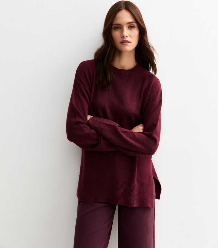 Light Burgundy Knitted Side Split Jumper | New Look