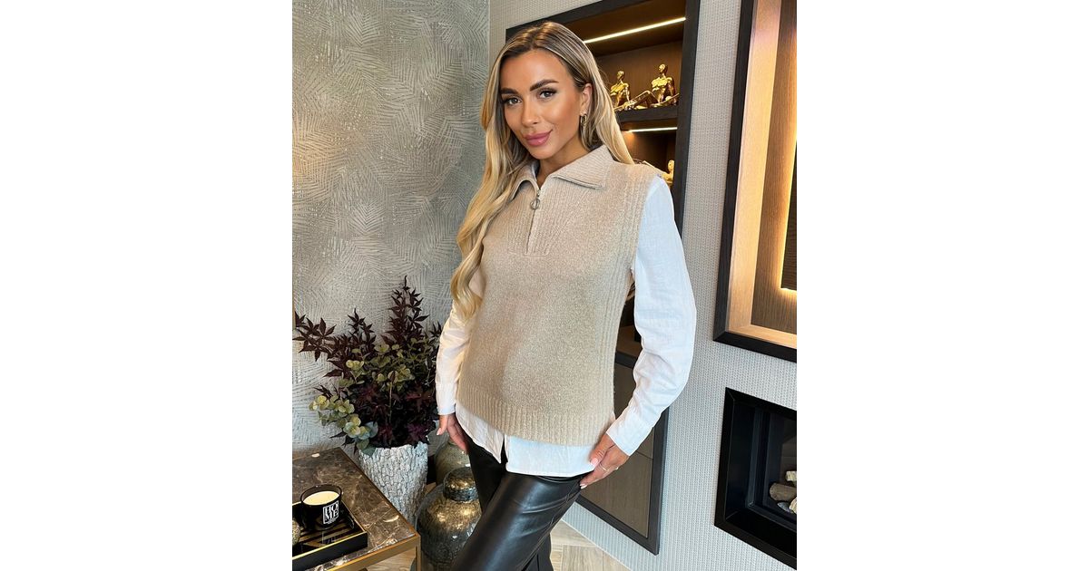 AX Paris Cream Quarter Zip Knitted Vest | New Look