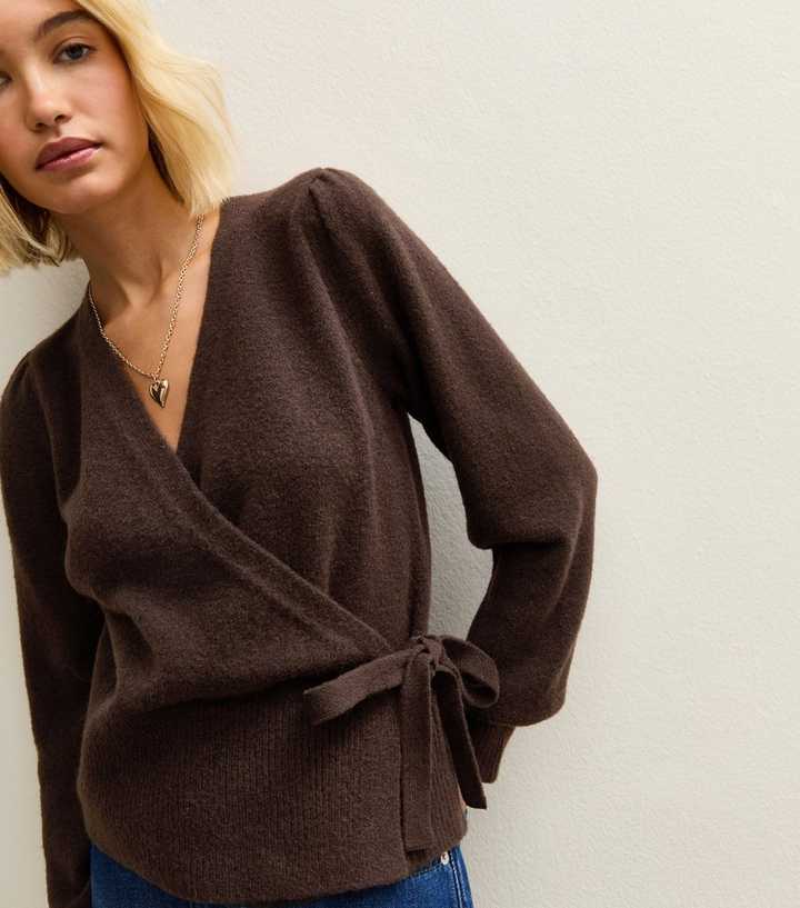 Dark Brown Puff Sleeve Wrap Jumper | New Look