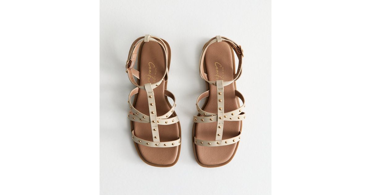 Wide Fit White Faux Leather Studded Sandals. | New Look