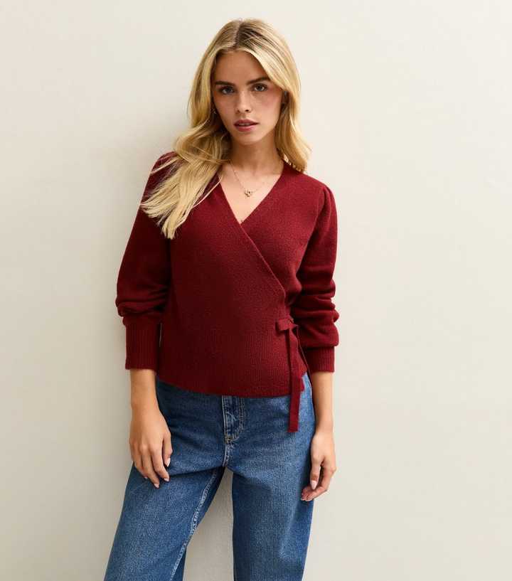 Petite Red Long Sleeve Wrap Jumper | New Look