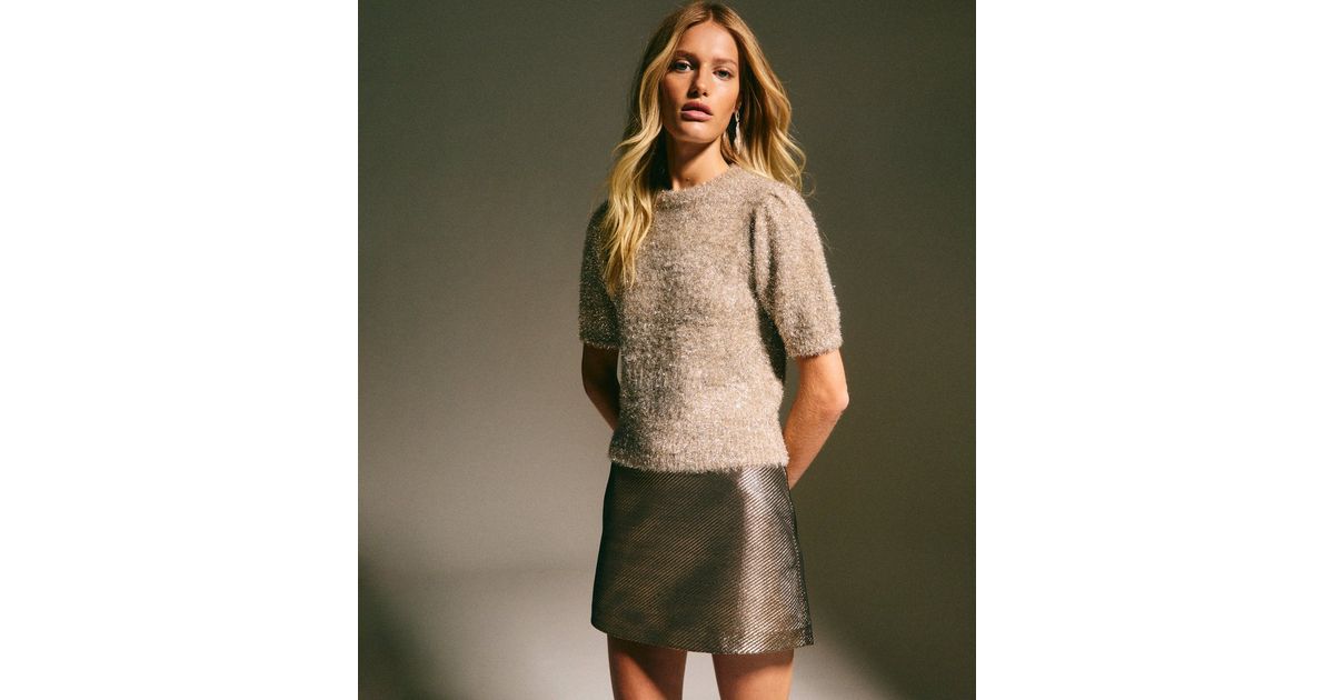 Gold Fluffy Sparkle Knit Short Sleeve Jumper | New Look
