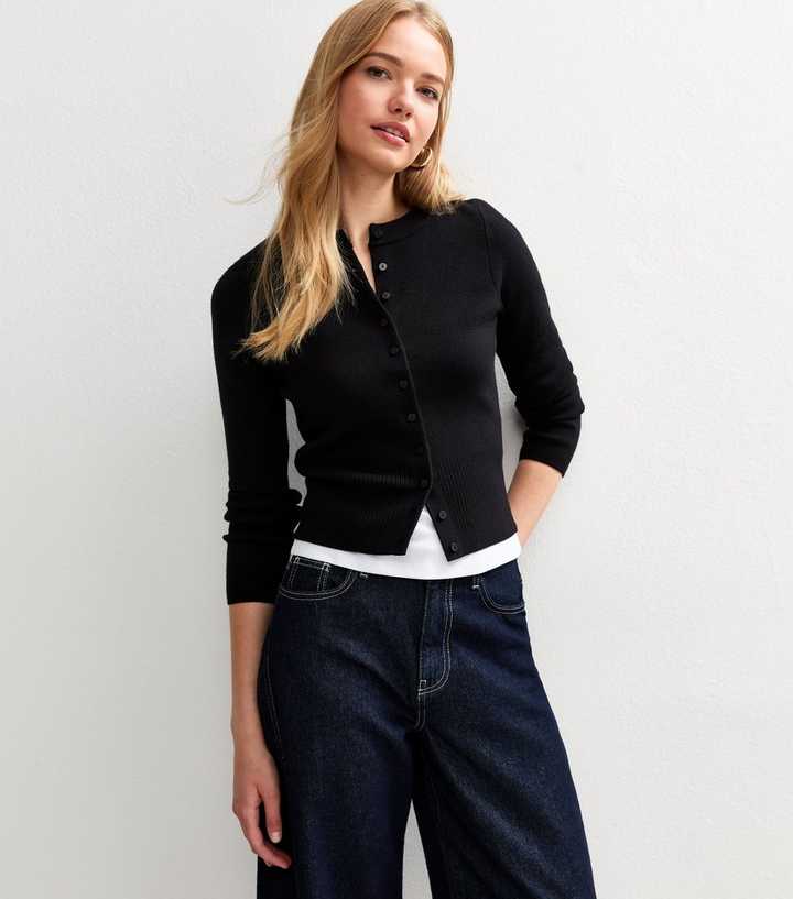 Black Compact Knit Crew Neck Cardigan | New Look