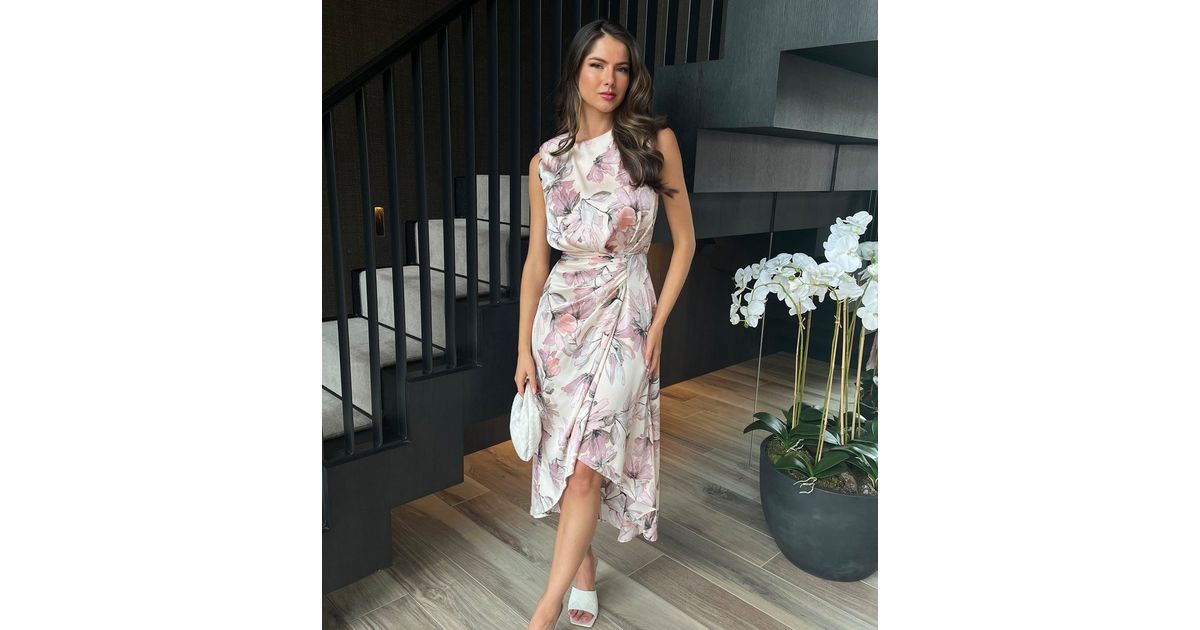 AX Paris Pink Floral Print Gathered Satin Midi Dress | New Look