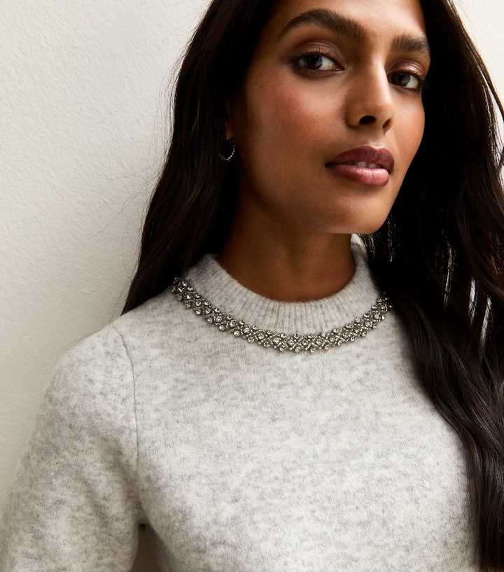 Light Grey Embellished Neck Short Sleeve Top | New Look