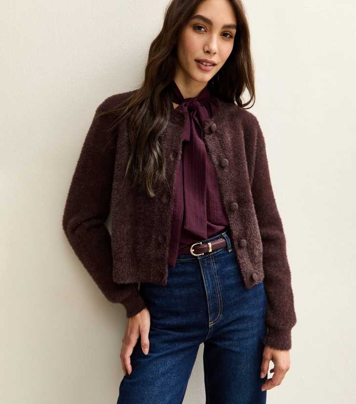 Dark Brown Fluffy Texture Crew Neck Cardigan | New Look
