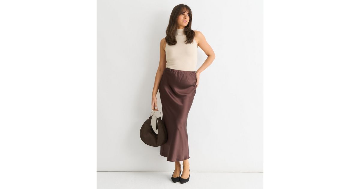 Gini London Brown Satin Midi Skirt New Look