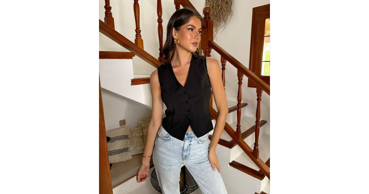 AX Paris Black Button Front Crinkle Waistcoat | New Look