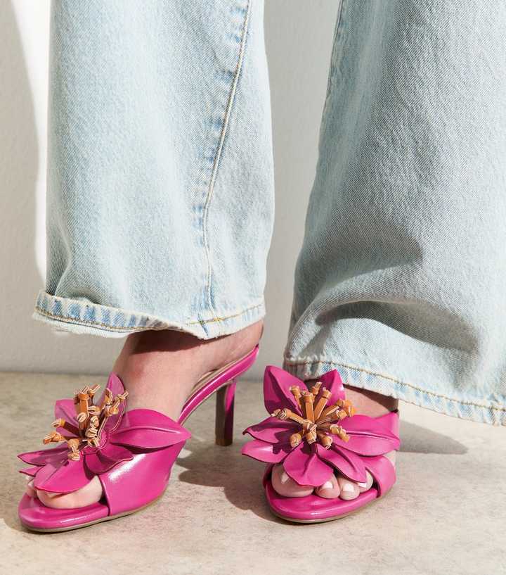 Bright Pink Faux Leather Floral Appliqued Mules | New Look