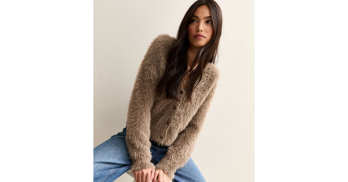 Camel Super Fluffy Button Up Cardigan | New Look