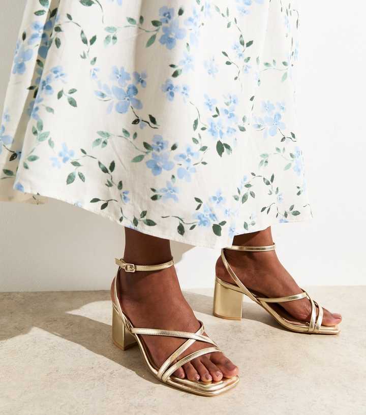 Extra Wide Fit Gold Metallic Faux Leather Strappy Block Heel Sandals ...