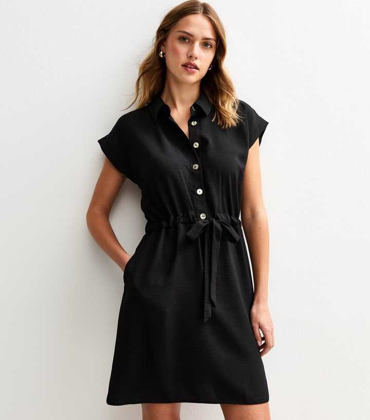 Black Drawstring Waist Short Sleeve Mini Shirt Dress | New Look