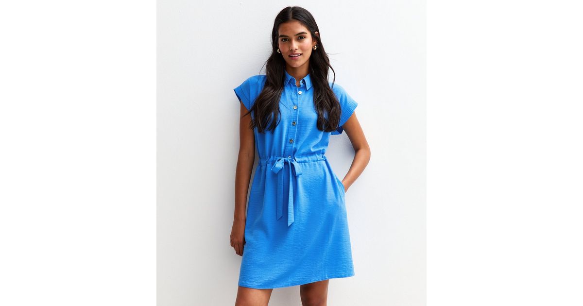 Blue Drawstring Waist Short Sleeve Mini Shirt Dress | New Look