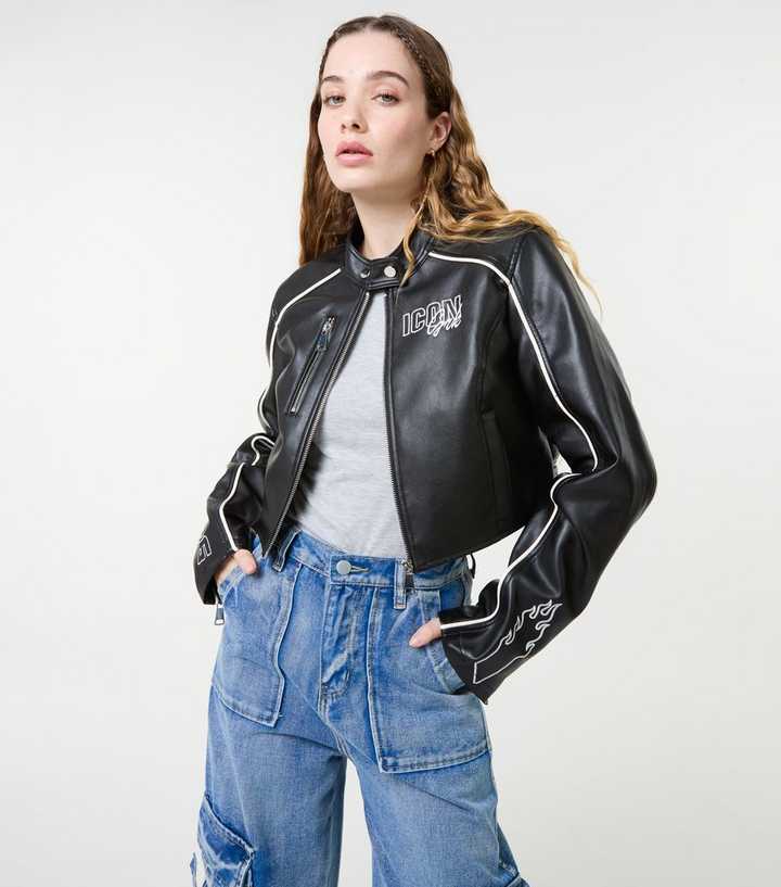 Pink Vanilla Black Cropped Racer Faux Leather Jacket | New Look