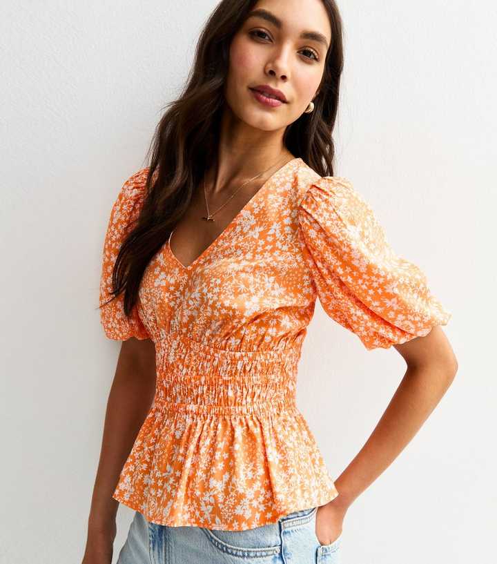 Orange Floral Shirred Waist Blouse | New Look