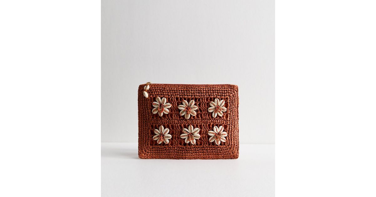 Rust Shell Crochet Straw Clutch Bag | New Look