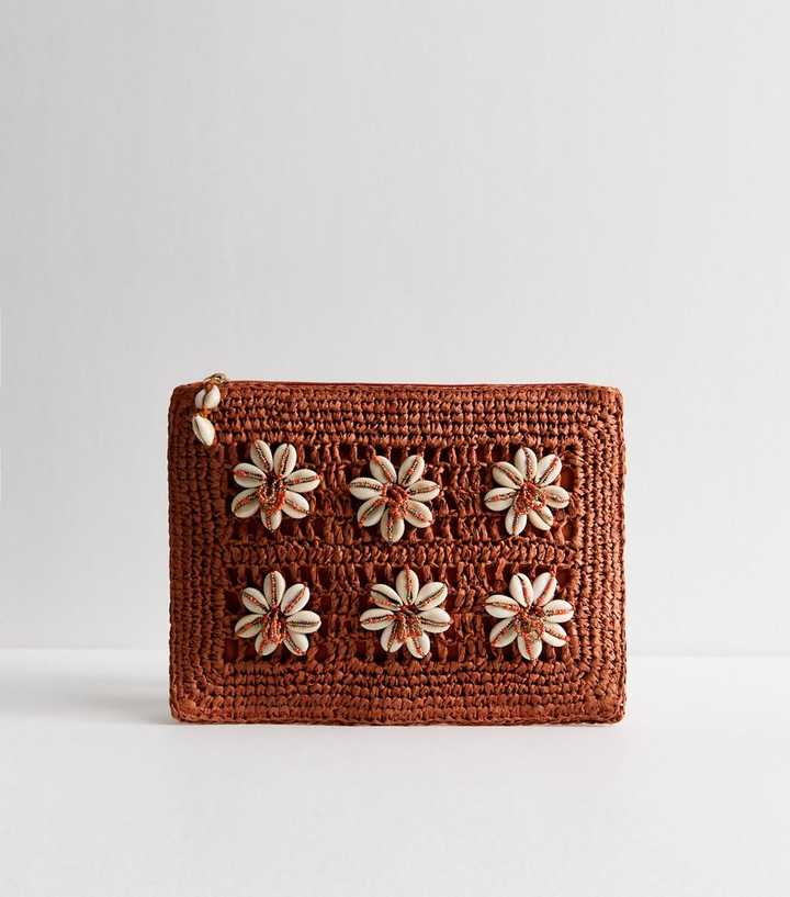 Rust Shell Crochet Straw Clutch Bag | New Look