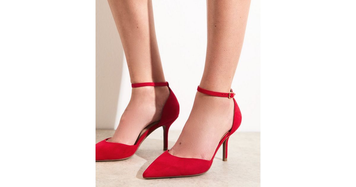 Red Faux Suede Heeled Open Court Shoes | New Look