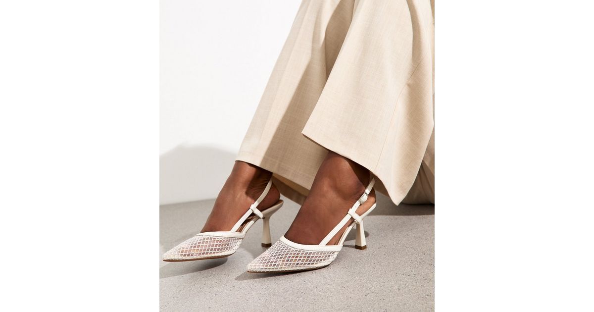 White Gem Embellished Pointed Toe Slingback Heels | New Look