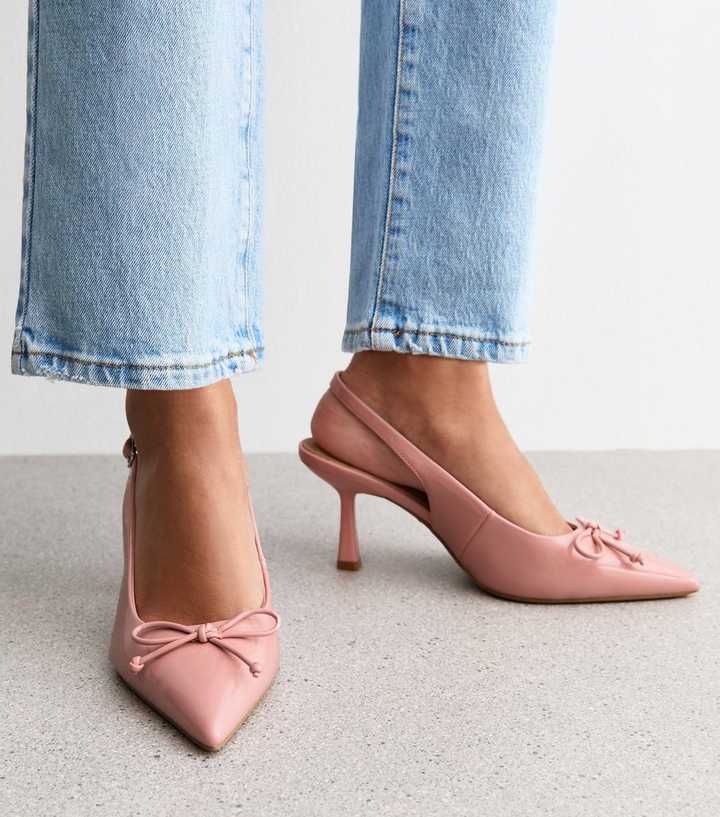 Wide Fit Pink Faux Patent Bow Applique Slingback Pumps | New Look
