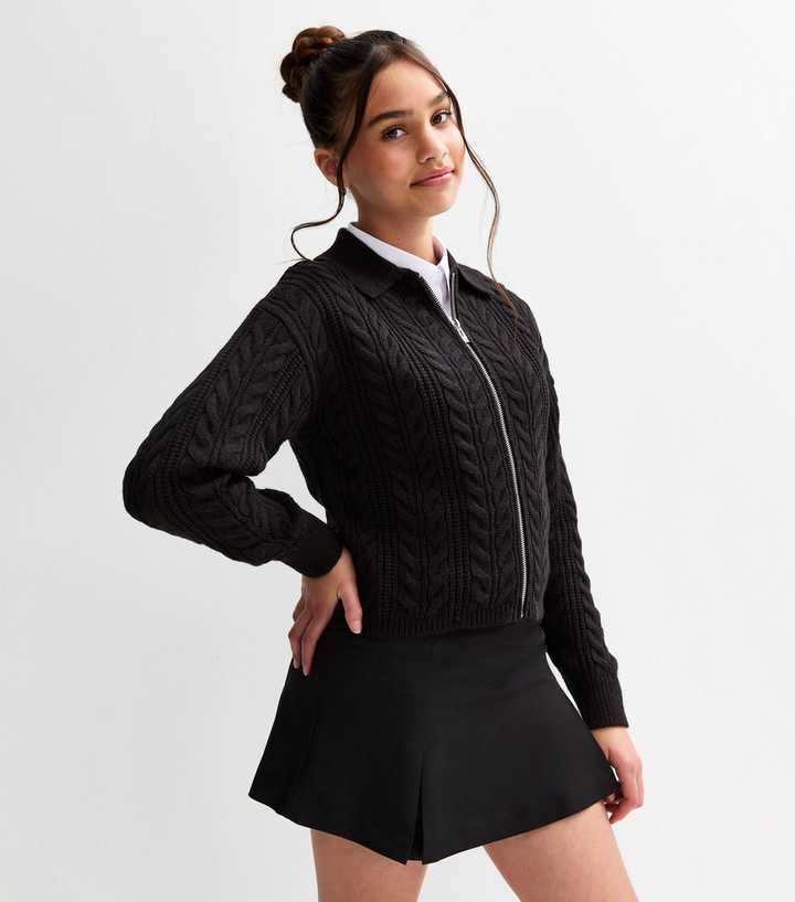 Girls Black Cable Knit Zip Through School Cardigan | New Look