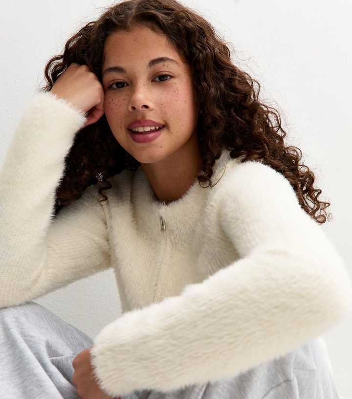 Girls Cream Fluffy Knit Zip Through Top | New Look