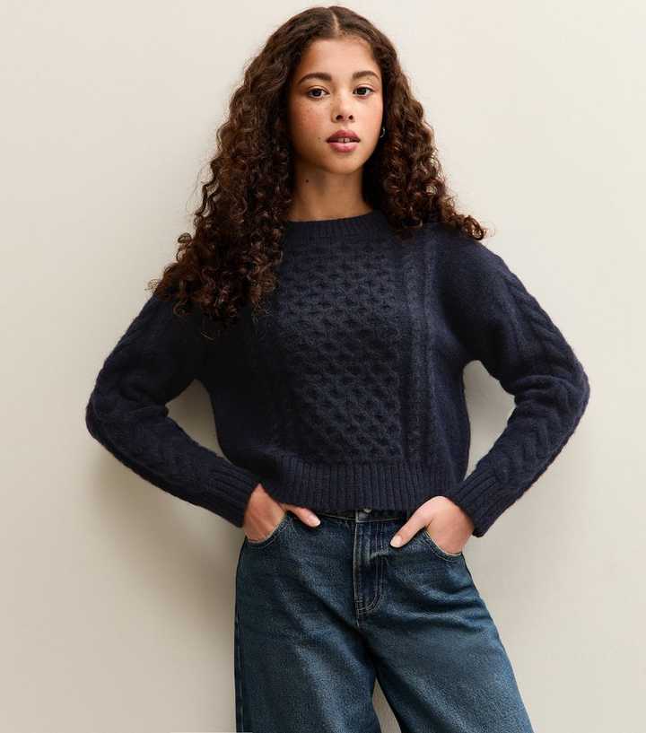 Girls Navy Cable Knit Jumper | New Look