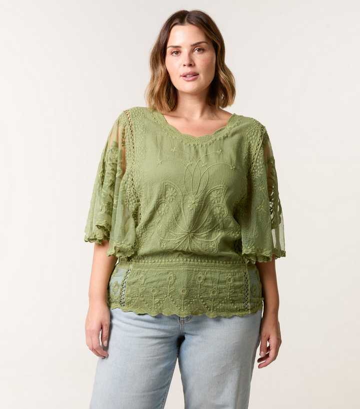 Blue Vanilla Curve Khaki Butterfly Embroidered Blouse | New Look