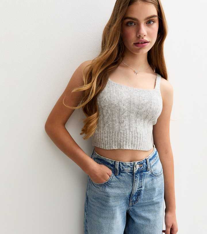 Girls Grey Square Neck Cable Knit Cami Top | New Look