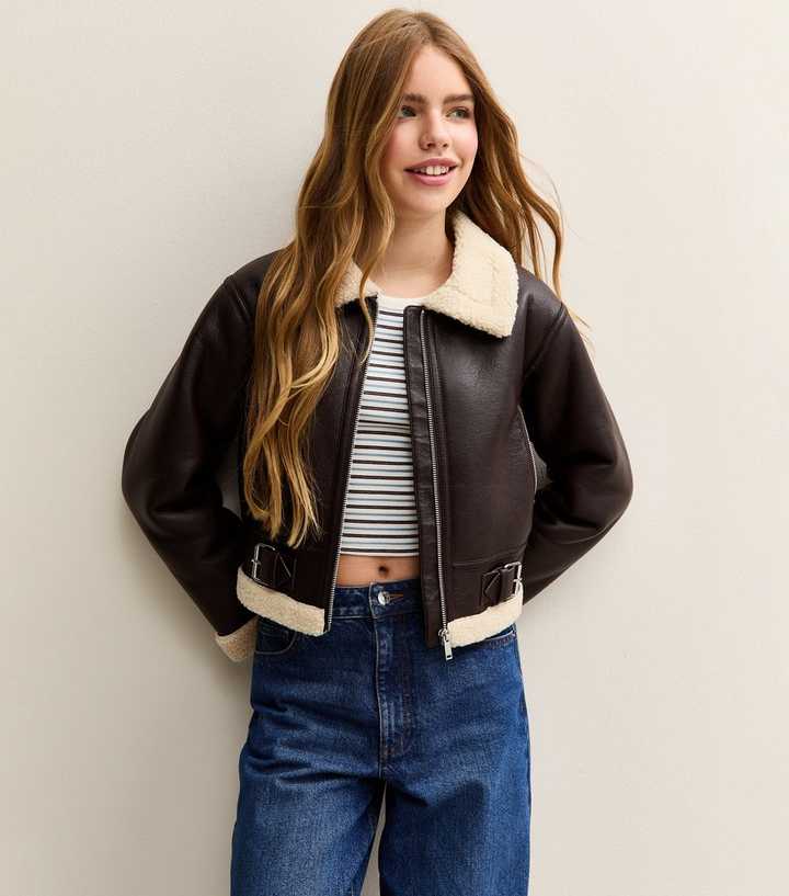 Girls Dark Brown Faux Shearling Pilot Jacket | New Look