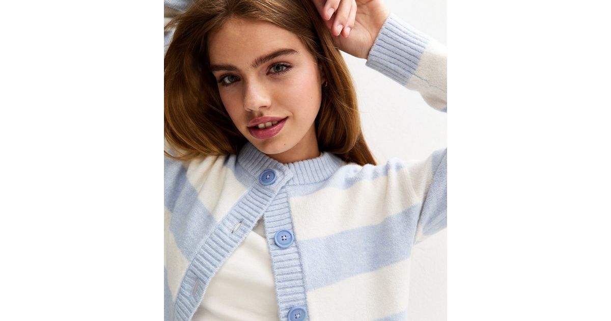 Girls Blue Striped Crew Neck Cardigan | New Look