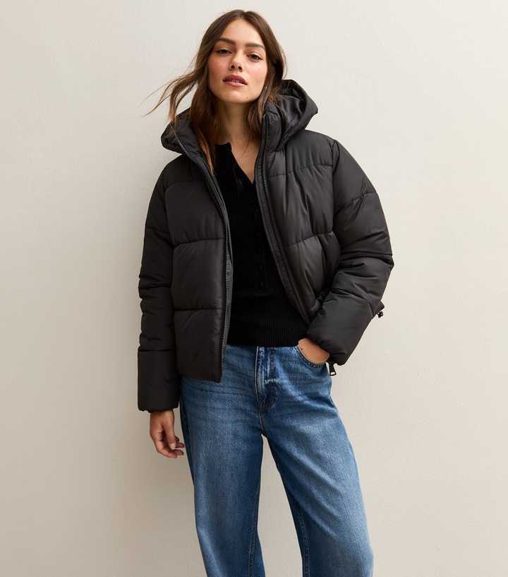 Petite Black Hooded Cropped Puffer Jacket | New Look