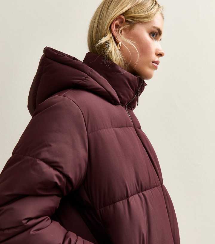 Petite Dark Burgundy Hooded Cropped Puffer Jacket | New Look