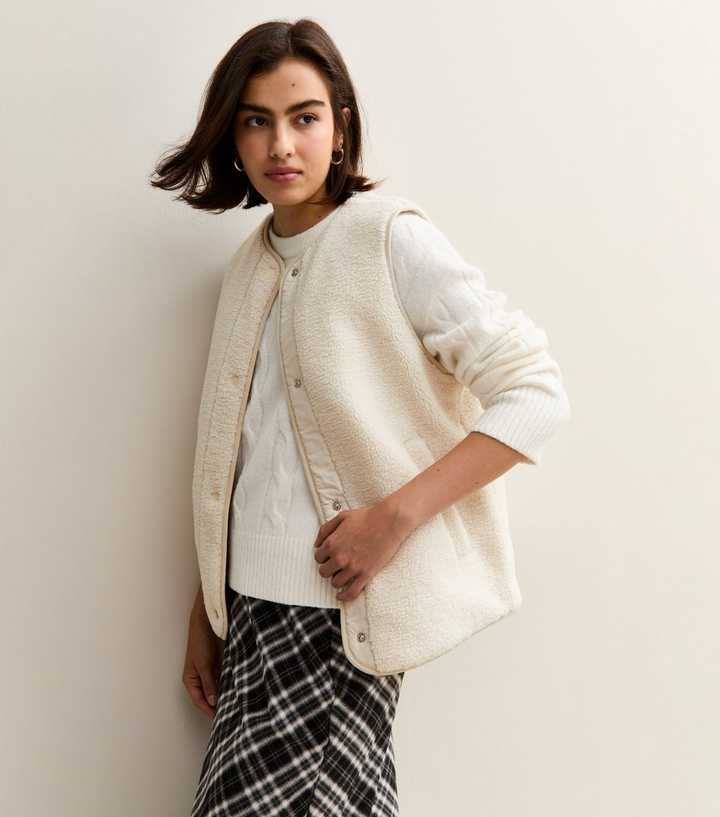 Cream Borg Collarless Gilet | New Look