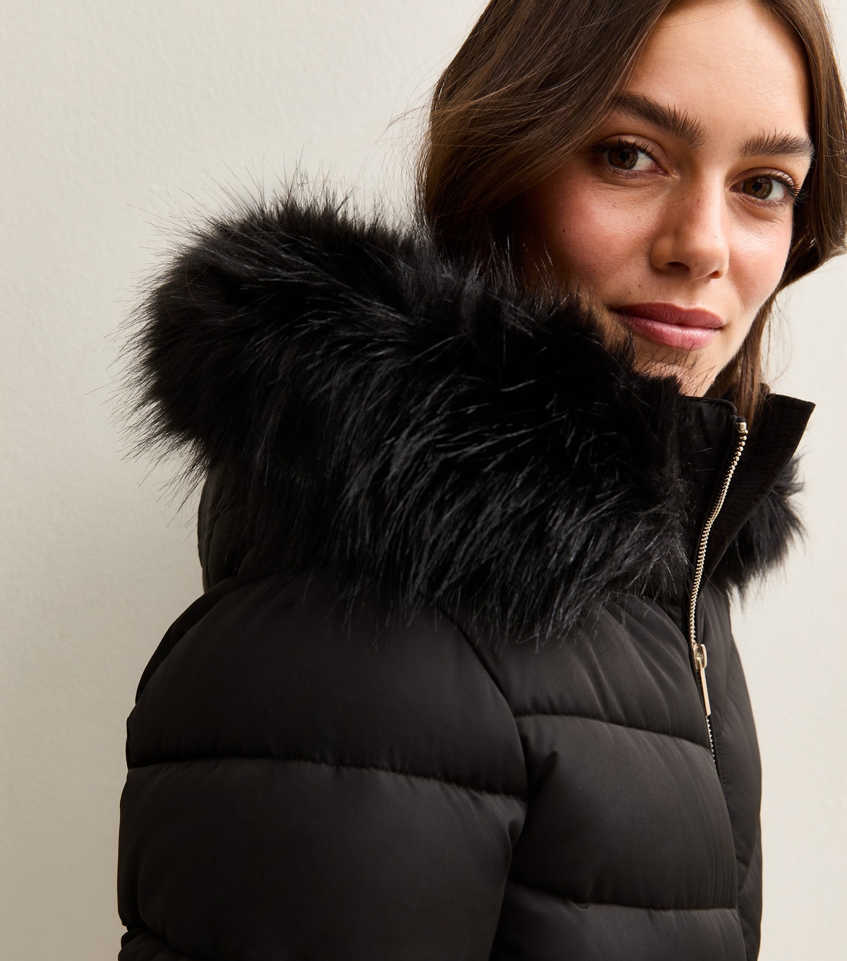 Women's Petite Black Faux Fur Trimmed Water Resistant Padded Puffer ...