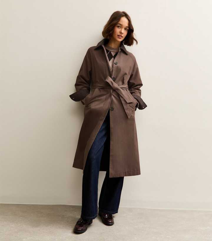 Dark Brown Contrast Collar Trench Coat | New Look