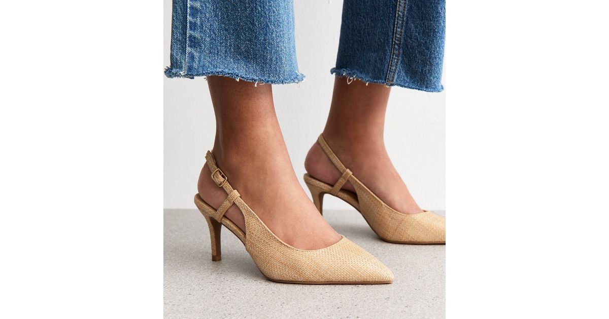 Wide Fit Camel Raffia Look Slingback Court Shoes | New Look