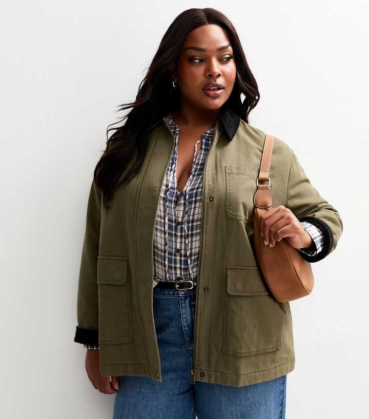 Curves Khaki Flap Pocket Barn Jacket | New Look