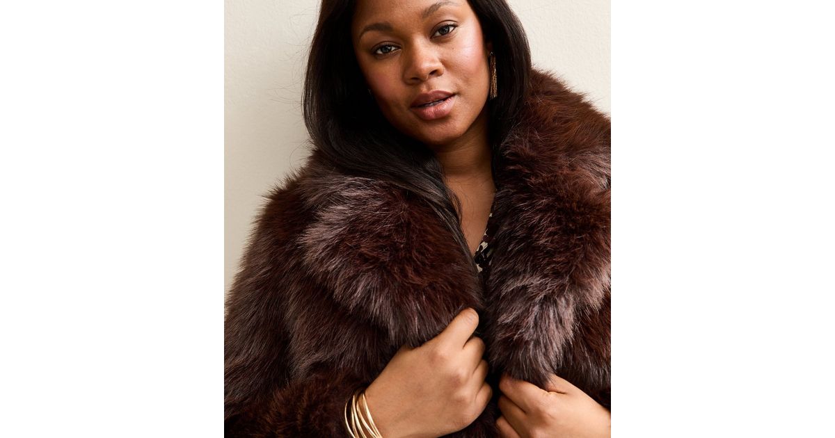 Curves Dark Brown Shaggy Faux Fur Jacket | New Look
