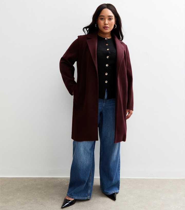 Curves Dark Burgundy Unlined Open Front Formal Coat | New Look