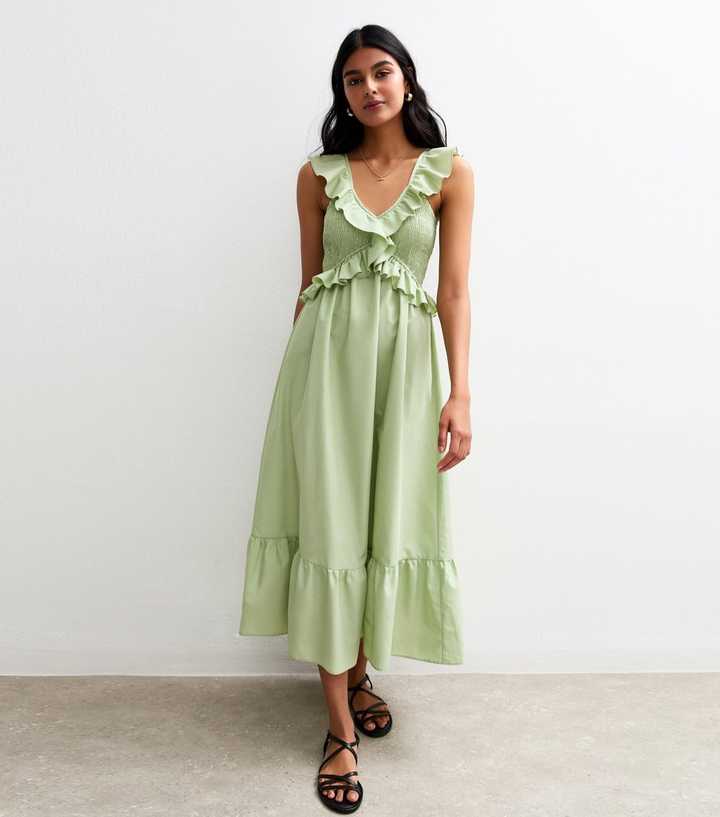 Light Green Ruffle Trim Tiered Hem Midi Dress | New Look