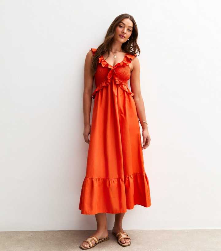 Orange Ruffle Trim Tiered Hem Midi Dress | New Look