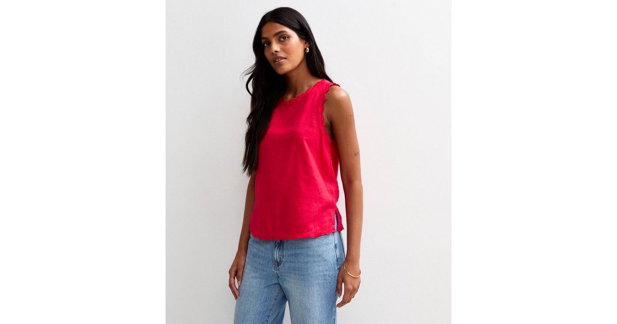 Bright Red Linen Blend Scalloped Edges Vest | New Look