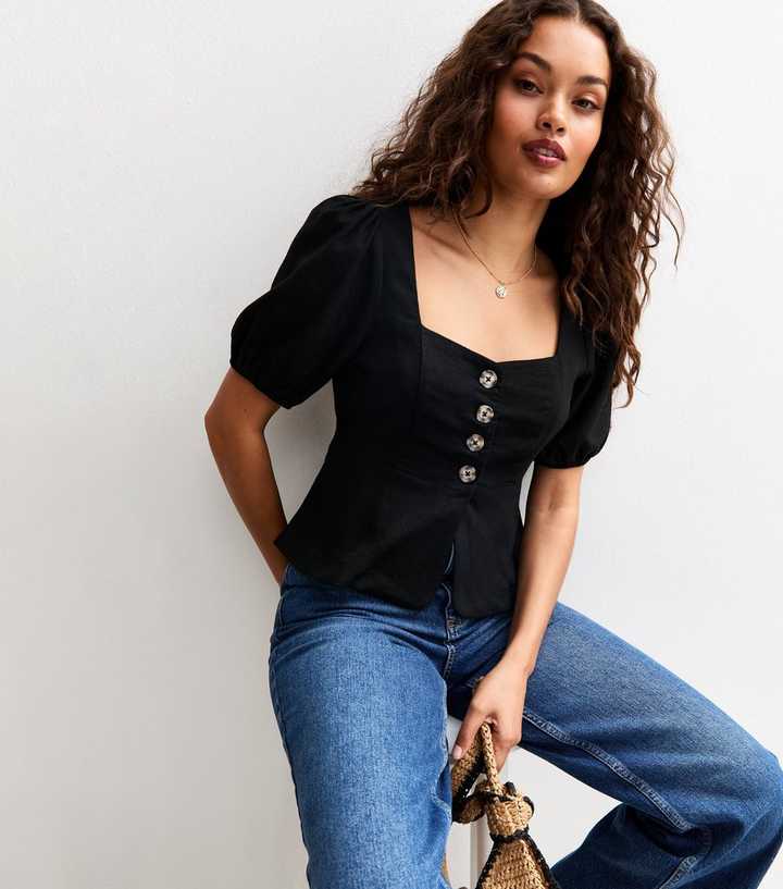 Petite Black Button Up Square Neck Peplum Top | New Look