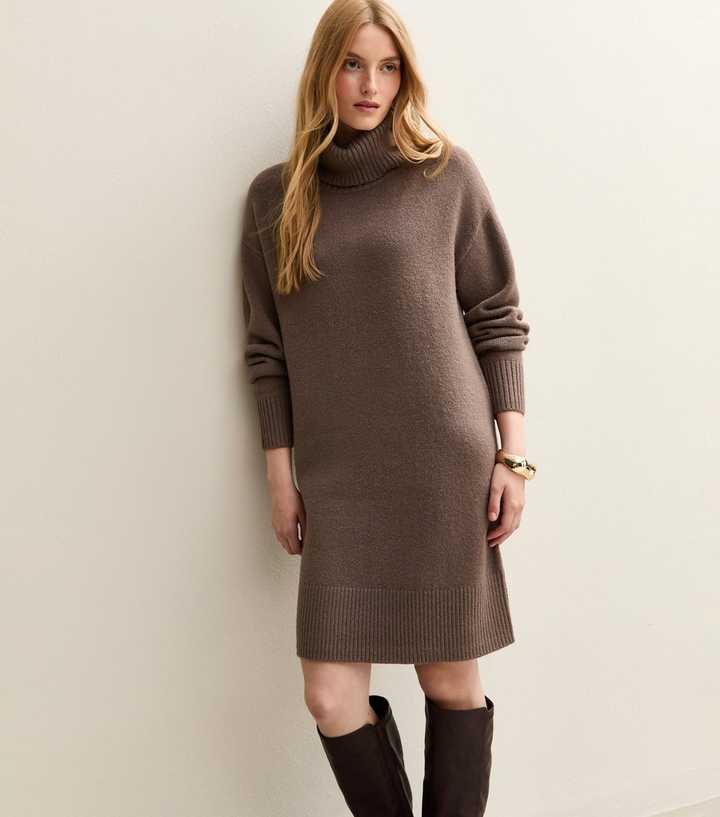 Mink Midweight Knit Roll Neck Mini Dress | New Look