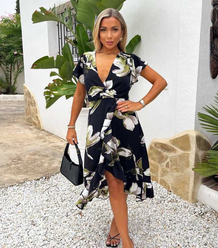AX Paris Black Floral Print Midi Wrap Dress | New Look