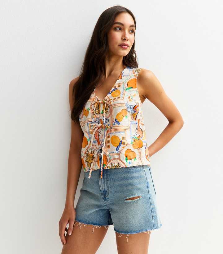 Cream Postcard Print Tie Front Top | New Look
