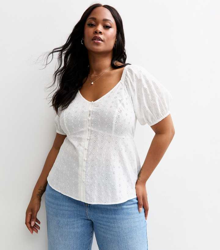 Curves White Cutwork V-Neck Tea Blouse | New Look