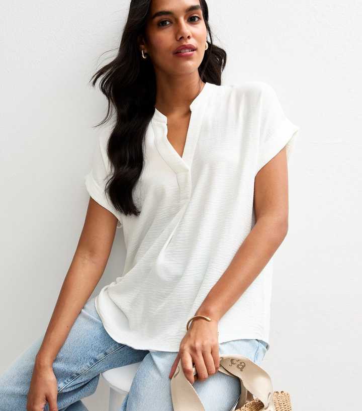 White Crinkled Collared Top | New Look