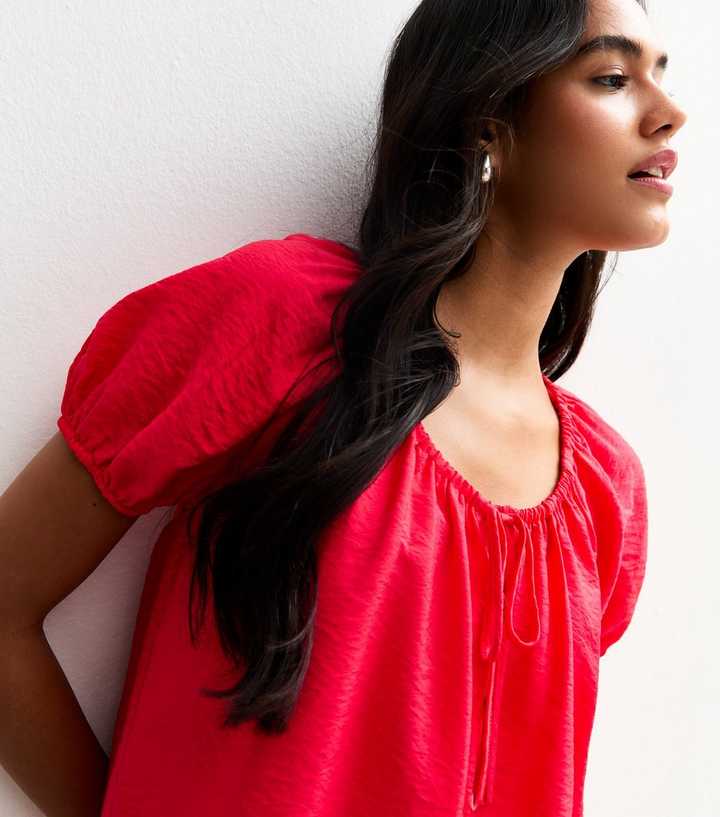 Red Crinkle Buttoned Top | New Look